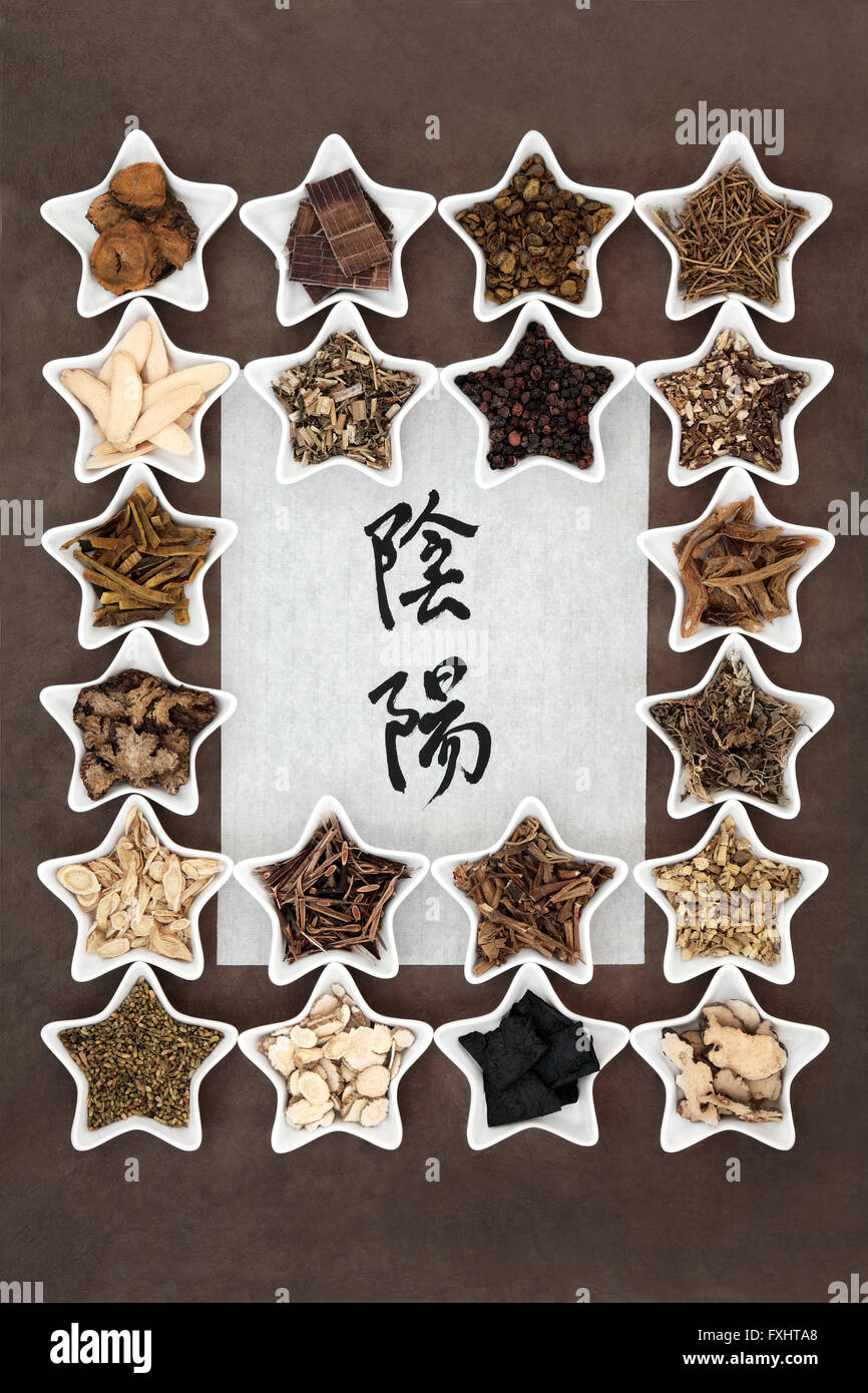 Traditionelle chinesische Medizin-Auswahl mit Yin und Yang Symbole in ...