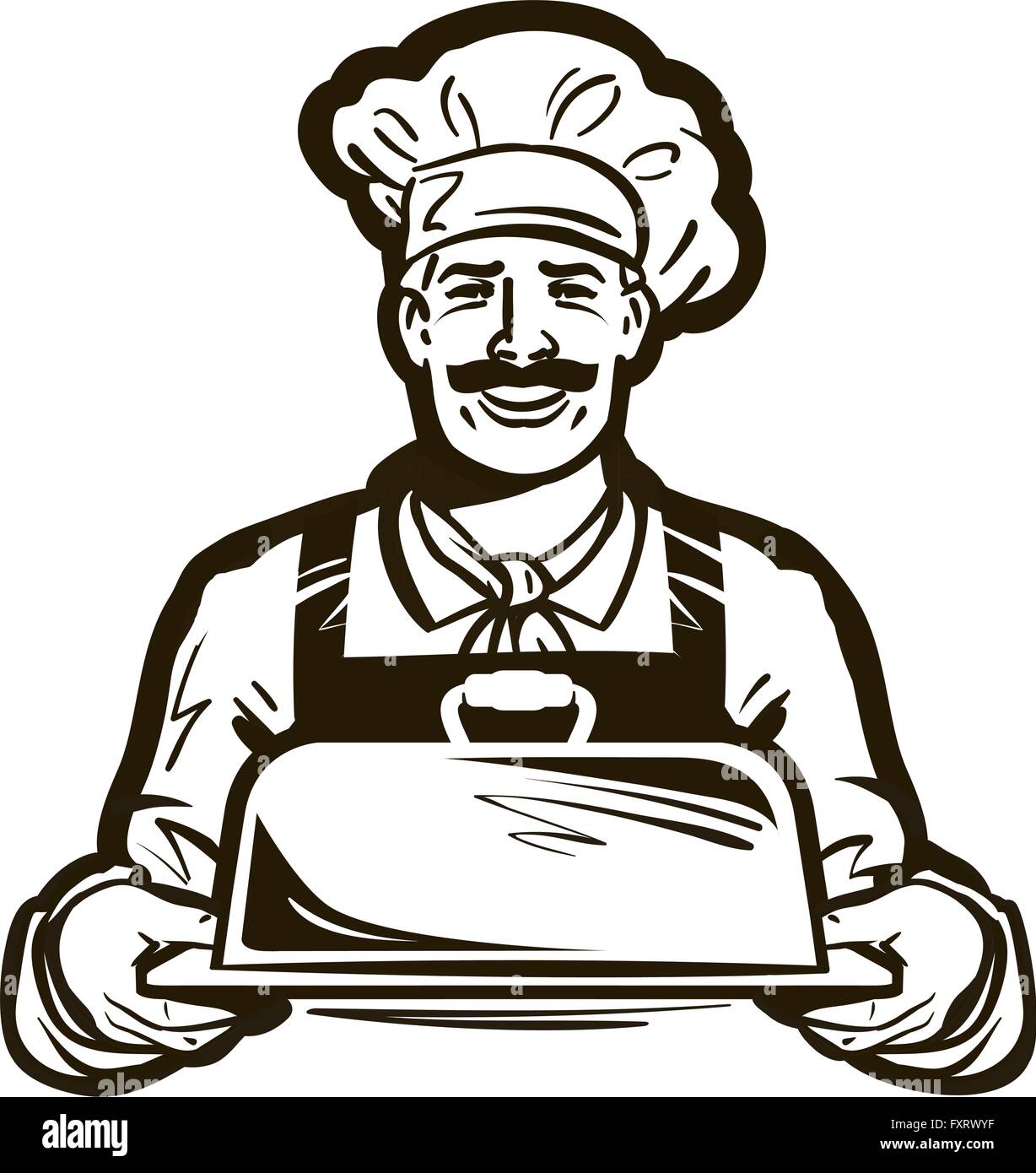 Zeichnung von einem Koch mit Hut und heißen Platte Tablett. Hand ...