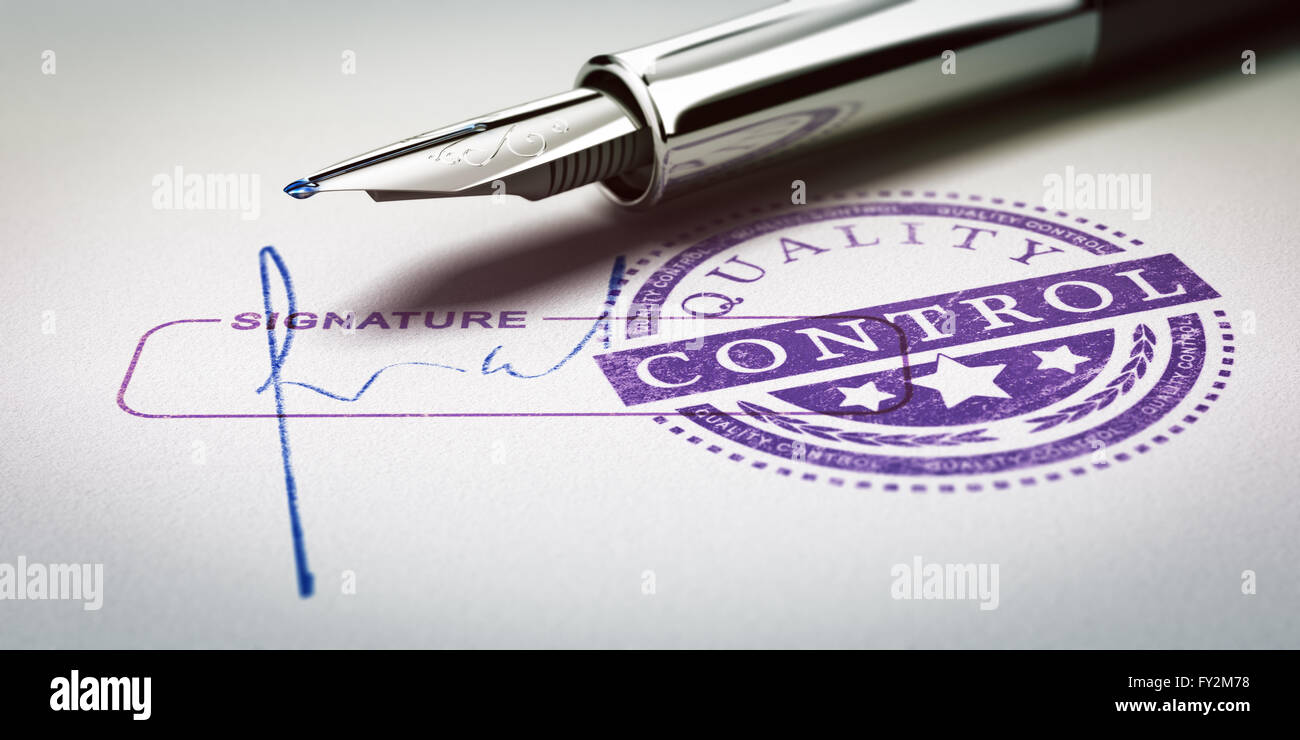 Qualitätskontrolle genehmigt Stempel und Unterschrift mit Füller ...
