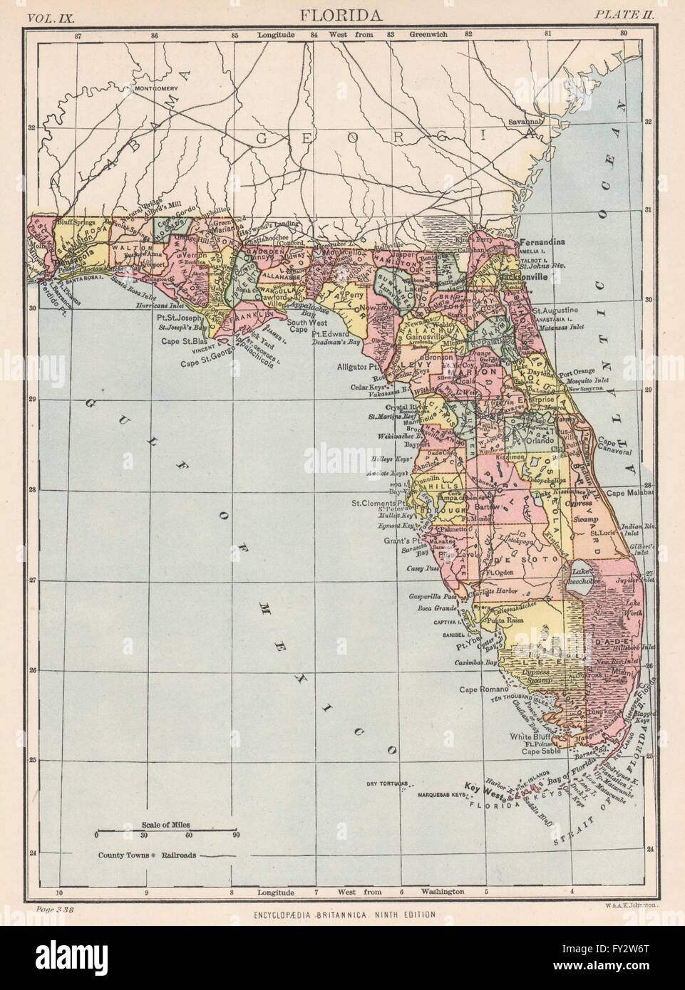 FLORIDA: State Karte. Zeigt Miami (incorporated 1896, 2 Jahre vor der ...