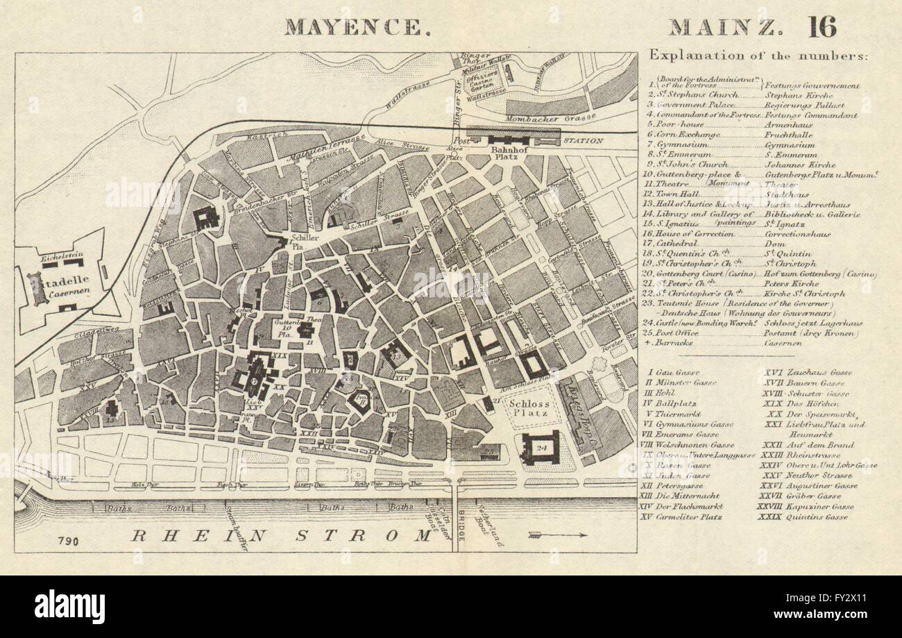 Mainz MAINZ: Antike Stadtplan. Stadtplan. Deutschland. BRADSHAW, 1890 ...