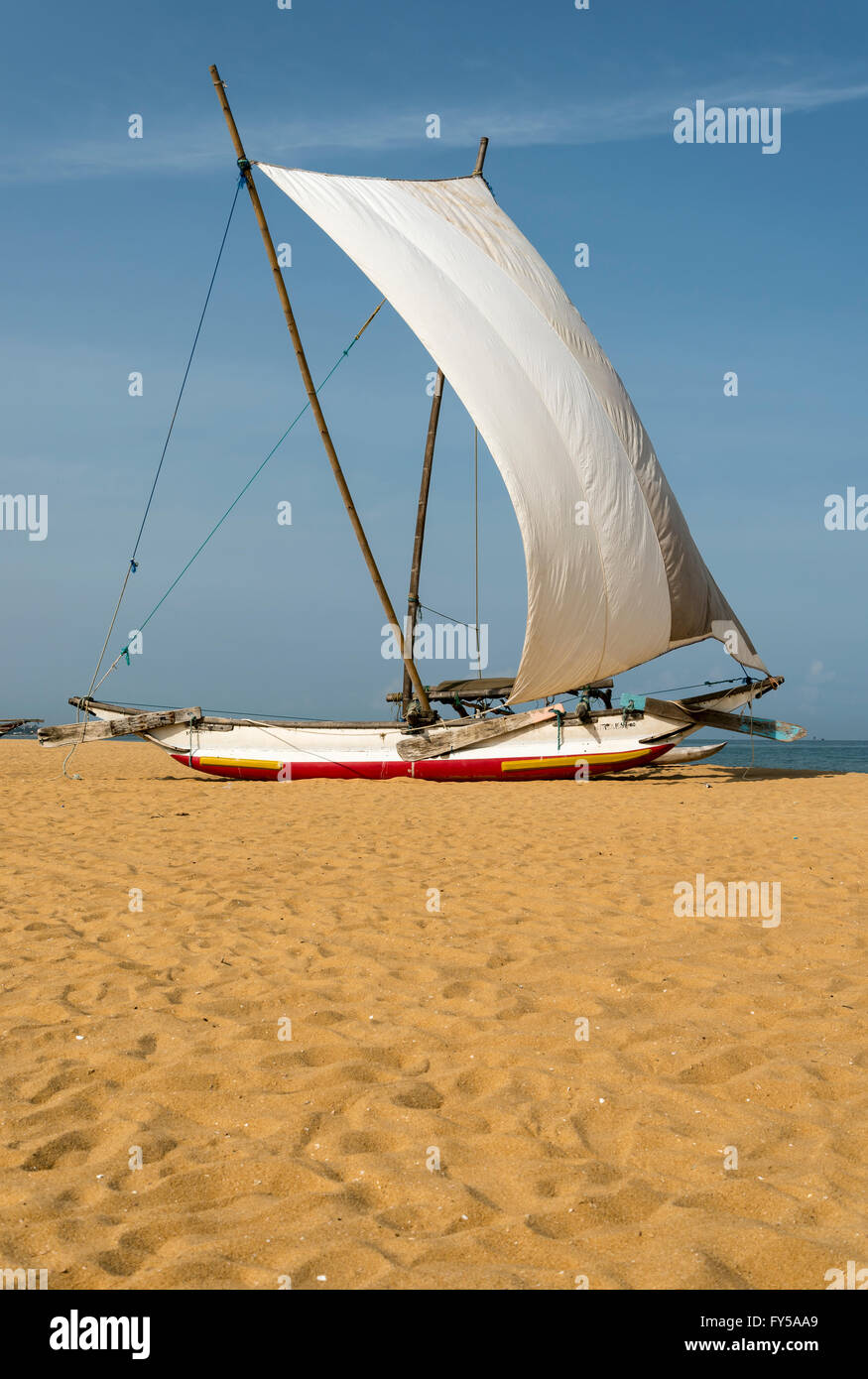 Traditionelle Katamaran Fischerboot, aka Oruva, mit einem weißen Segel ...