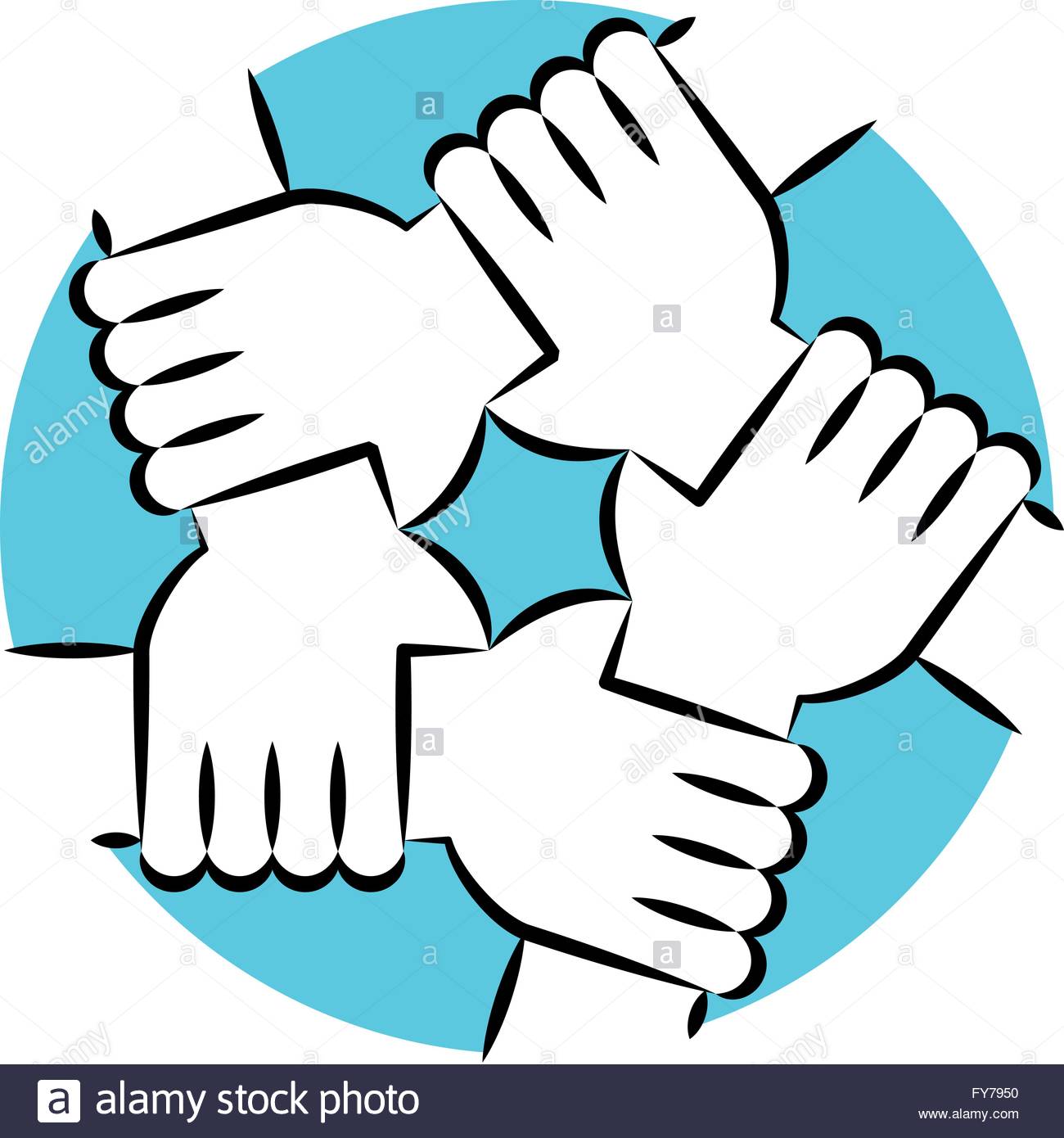 Solidarität Circle Linie Kunst blau. Fünf Hände halten einander als ...