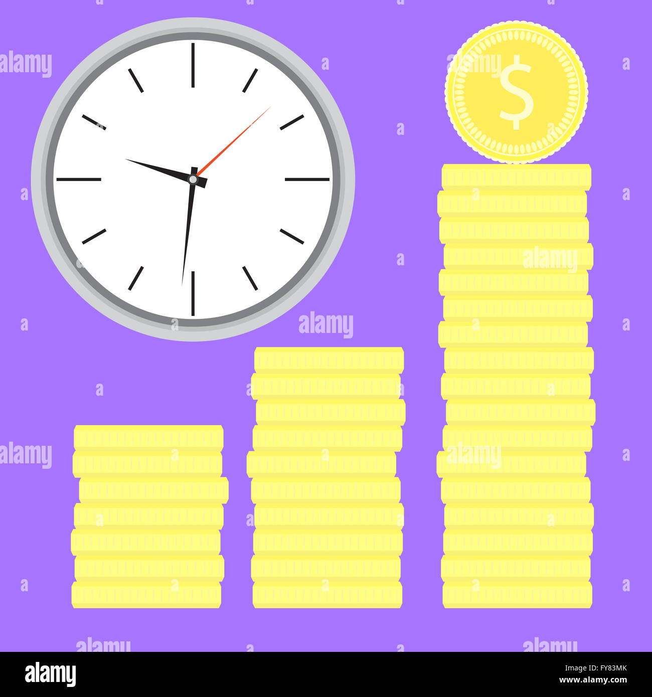 Zeit ist Geld. Uhr mit Münze bestand. Geldmenge und Zeit, Münze ...