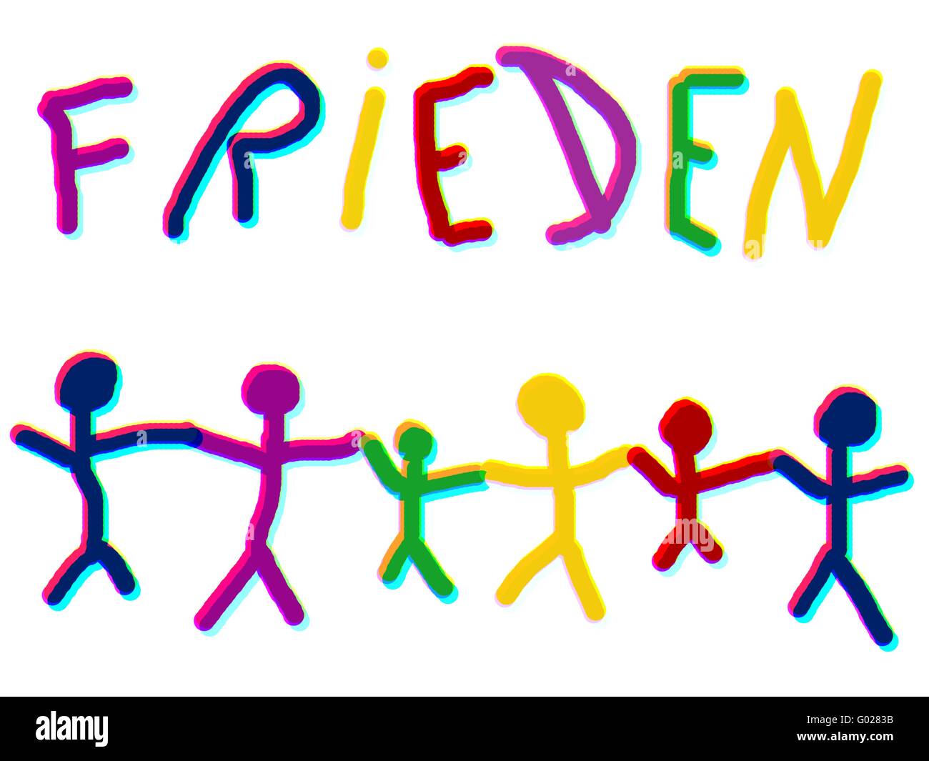 Kinder - Zeichnung - Schrift Frieden und Menschenkette Stockfotografie ...