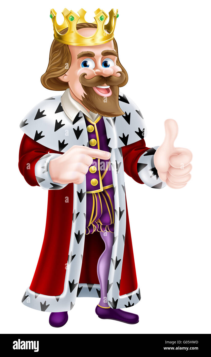 Cartoon king Charakter mit einer Krone zeigt mit einer Hand und Daumen ...
