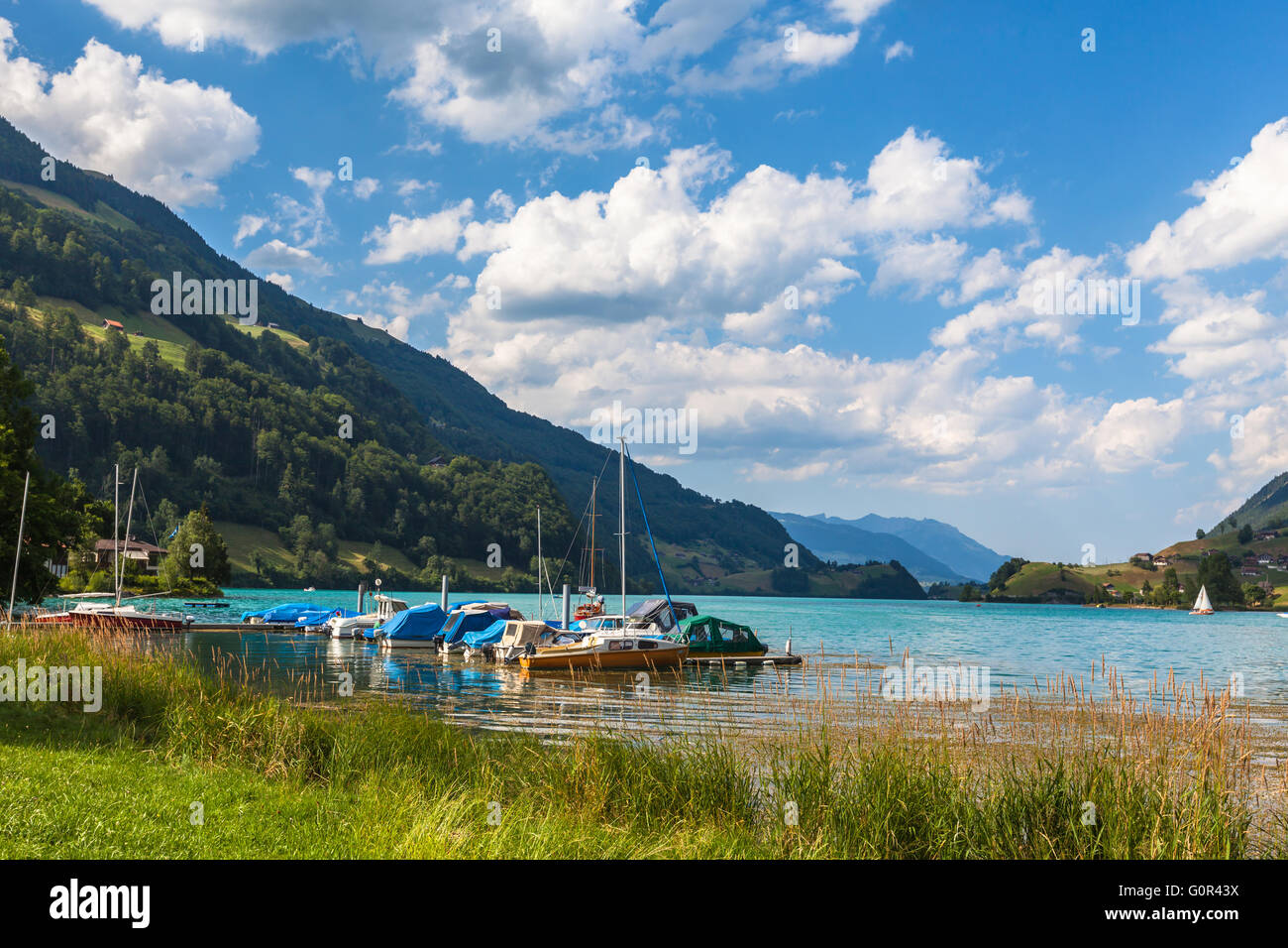 Panoramablick über den Lungernsee (Lungern See) im Berner Oberland in ...