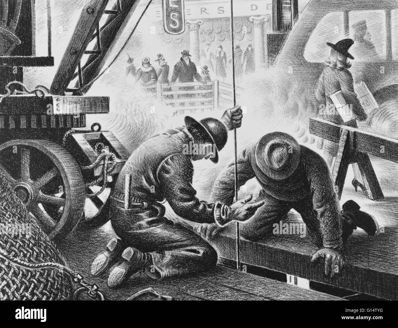 Dieser Lithographie aus den 1930er Jahren zeigt Männer arbeiten für den ...