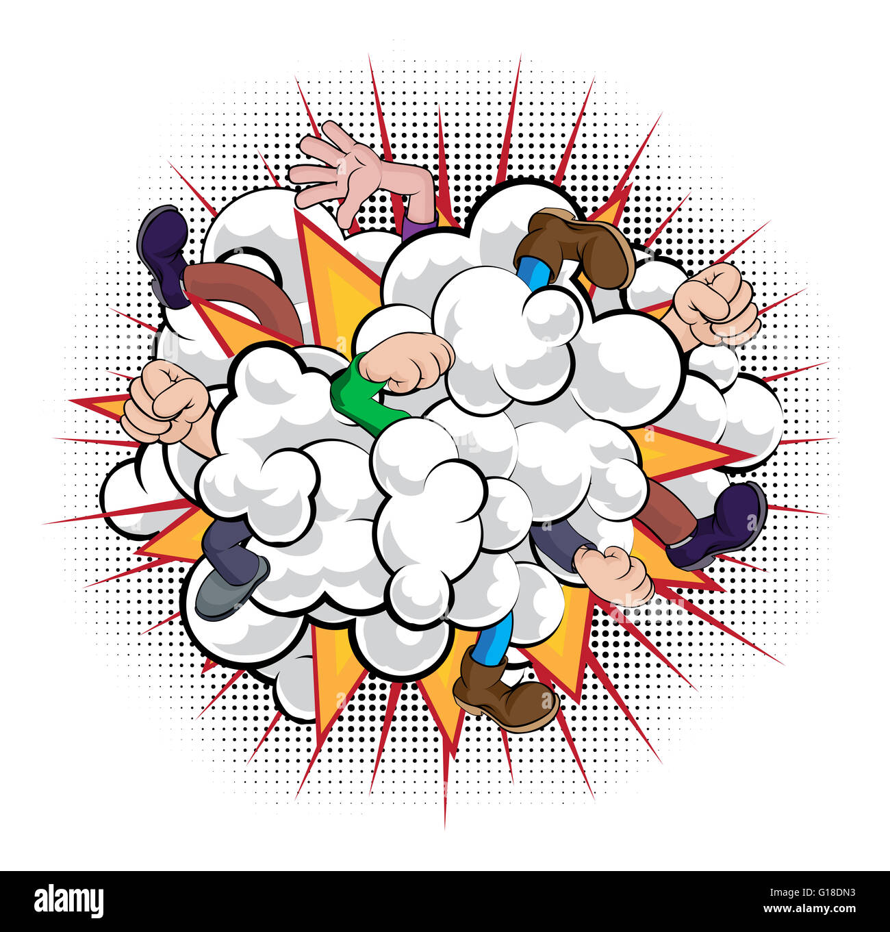 Ein Cartoon Comic-Buch-Stil Kampf Staubwolke mit Menschen kämpfen mit ...