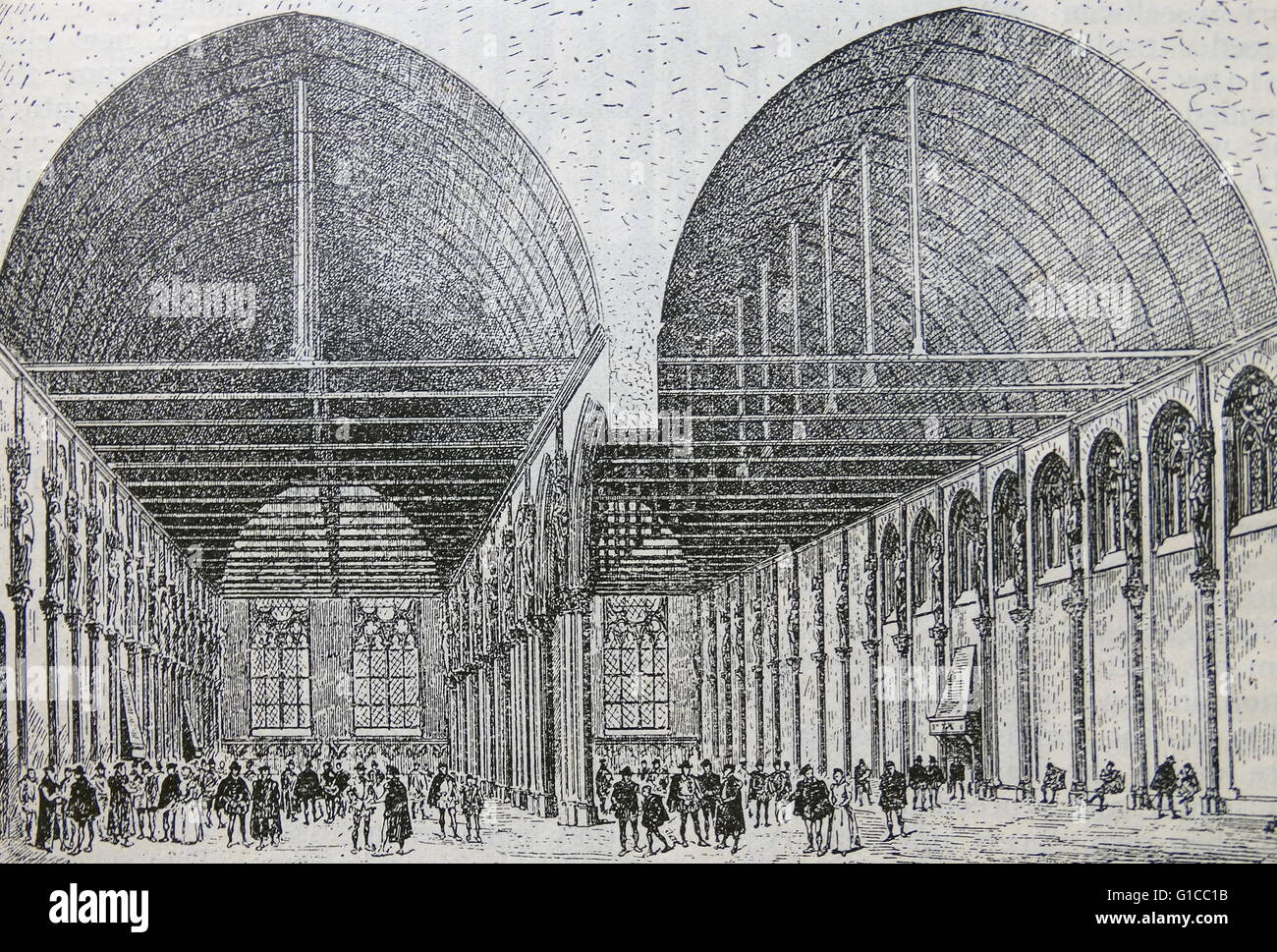 Gravur Darstellung der Grand Hall of Justice in Paris im Mittelalter ...