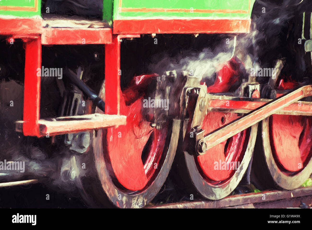 Räder der alten Dampflok. Abbildung mit Farbstiften. Detail-Foto ...