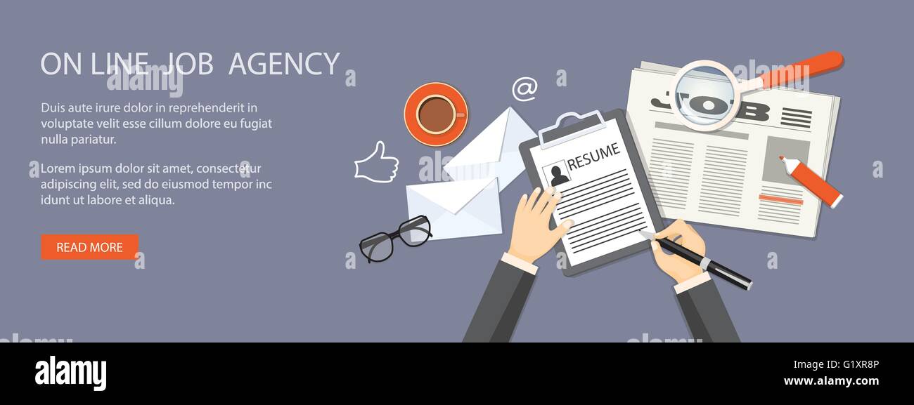 Flache Vector Illustration. die Hände mit Stift, Wiederaufnahme, Lupe ...