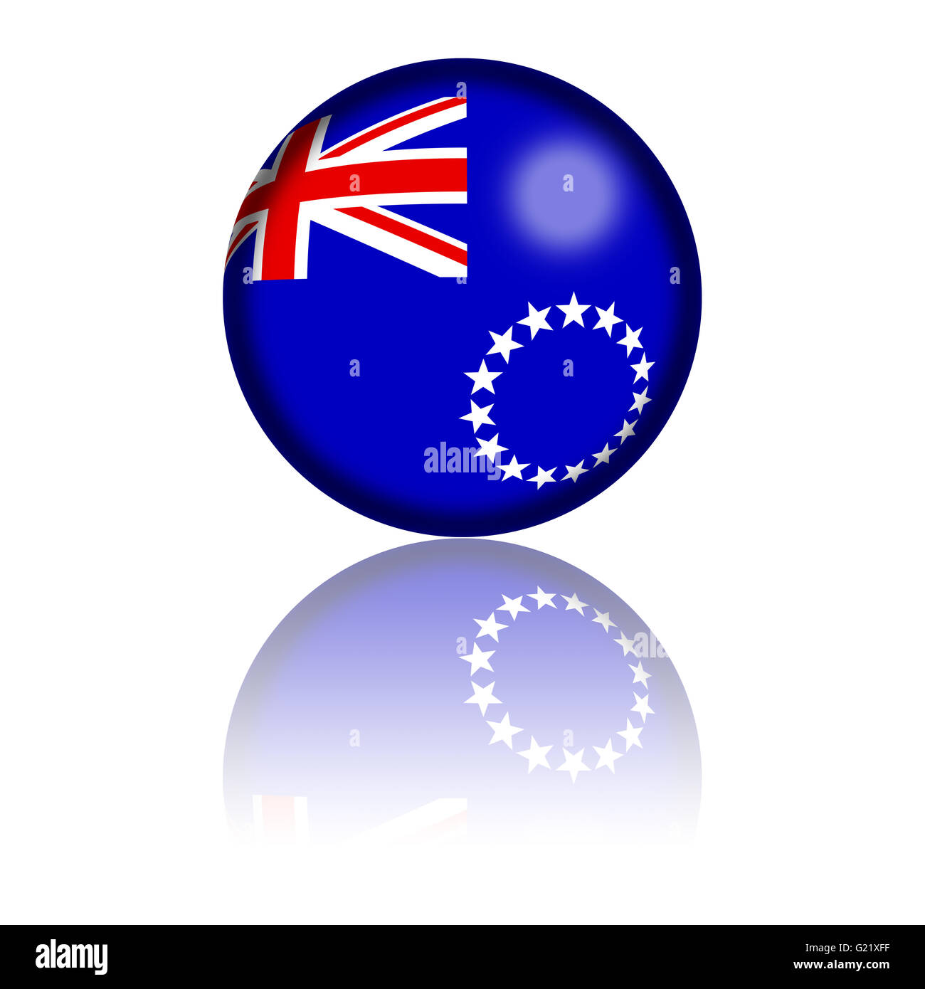 3D Kugel oder Abzeichen der Cook-Inseln Flagge mit Reflexion am Boden ...