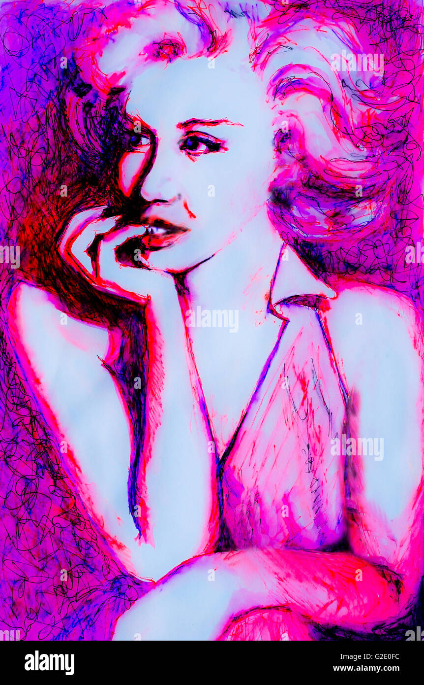 Tusche-Zeichnung der 50er Jahre Dame in Rosa von Bilder von Marilyn Monroe inspiriert ...