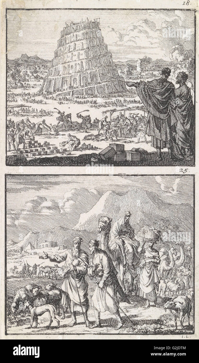 Bau des Turms von Babel, Abraham und Lot verlassen ihre Heimat, Jan Luyken, Barent Visscher ...