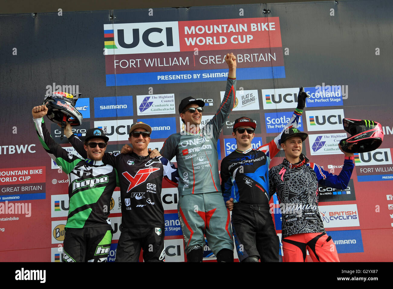 Mens-Podium in der Mountainbike-Weltcup, Fort William. 5. Juni 2016. 5 ...