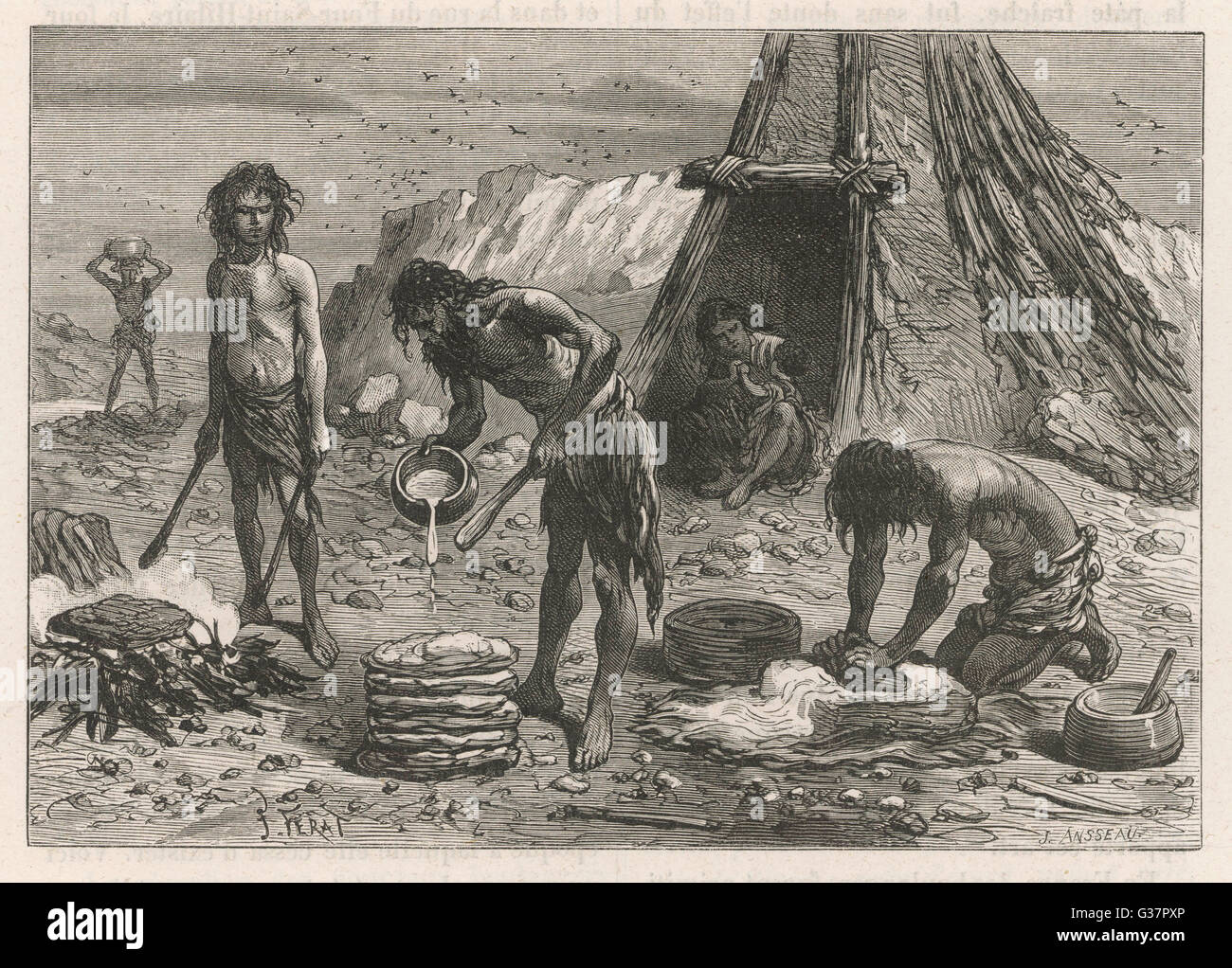 Primitive Brotbacken in der Steinzeit (Paläolithikum) Datum: ca. 3000 v ...