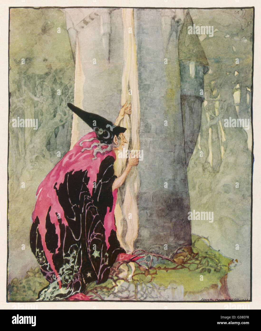 Die Hexe spioniert Rapunzel (Grimm Stockfotografie - Alamy