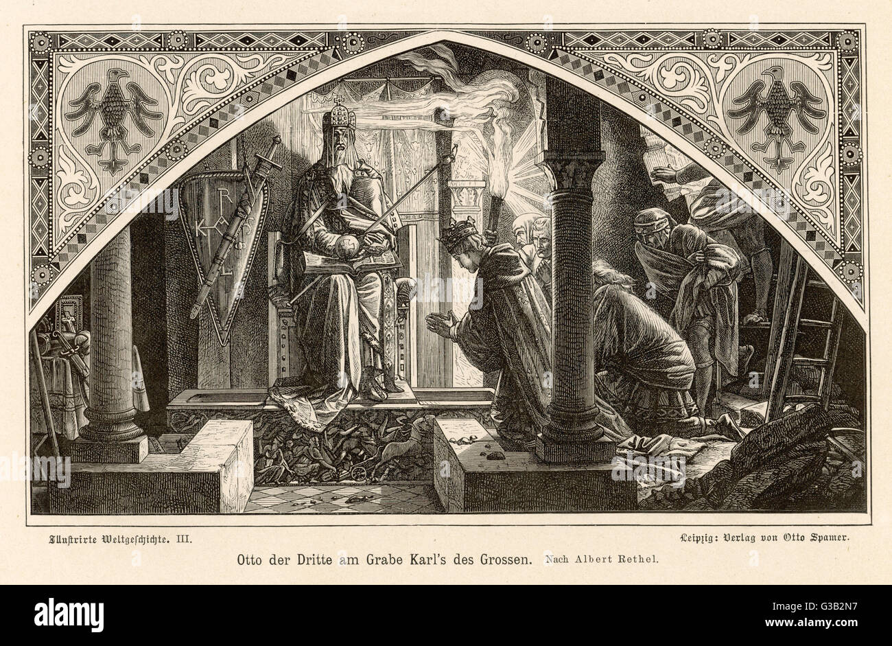 Der Kaiser Otto III. besucht Grab Karls des großen in Aachen, wo er ...