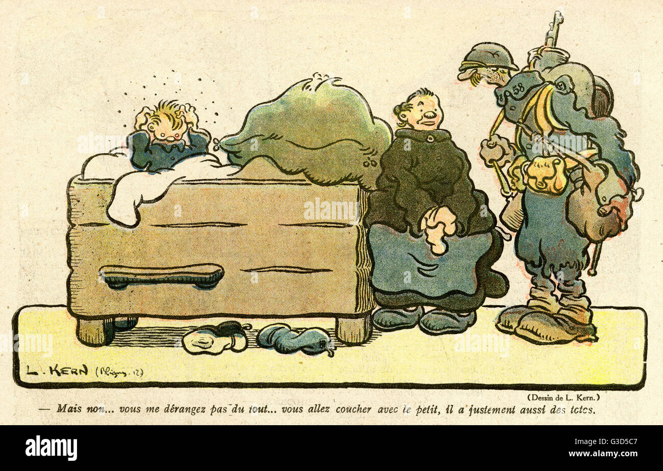 Cartoon, ein Soldat Billet. Er ist im Haus eine Frau bleiben und werden ...