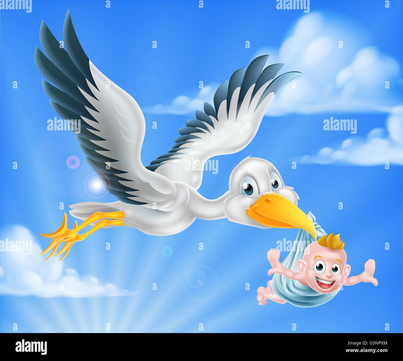 Comicfigur Storch Vogel Tier fliegen durch den Himmel mit einem ...