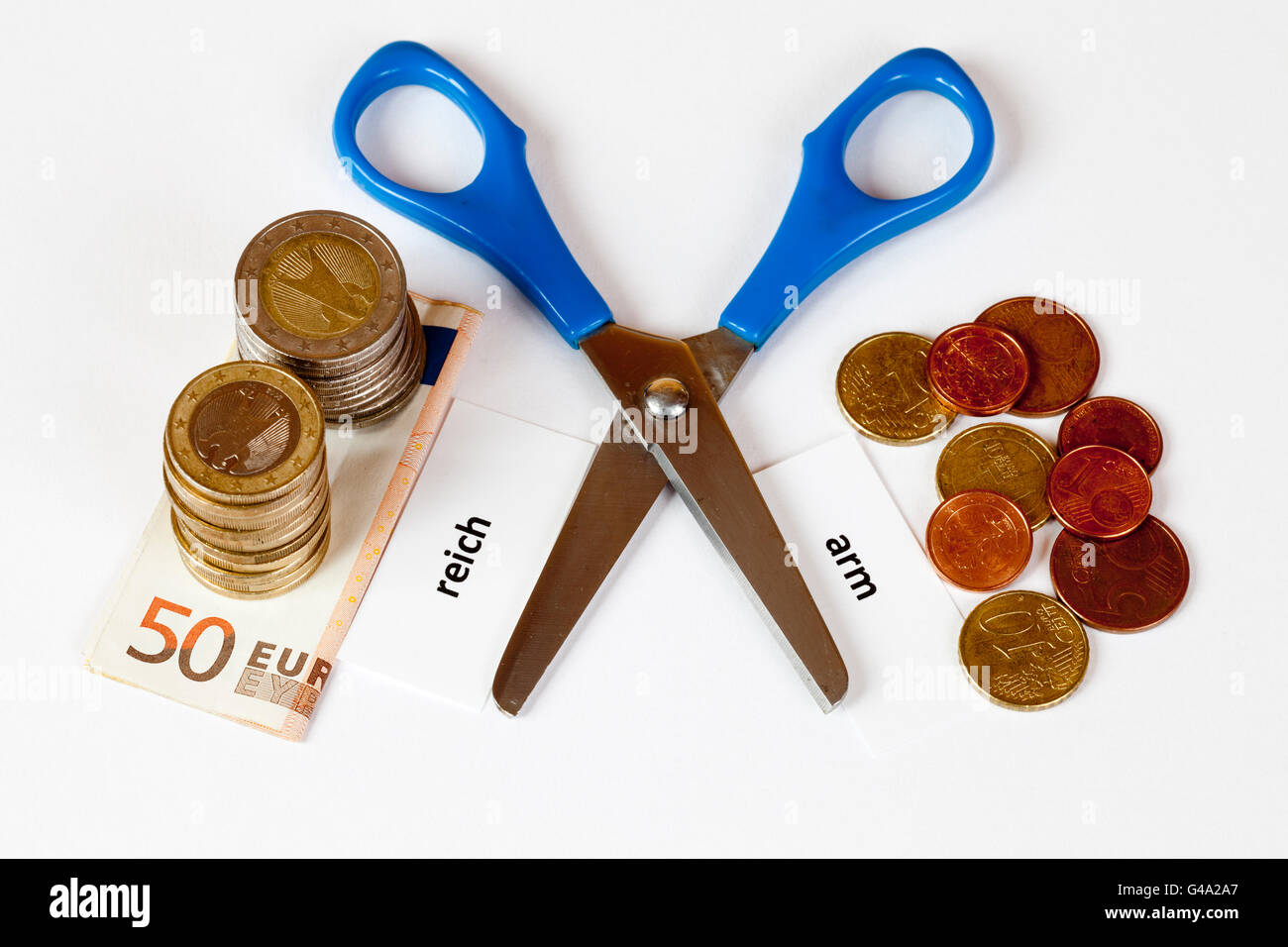 Offenen Schere mit den Zeichen "Reich" und "Arm", Deutsch für Arm und ...