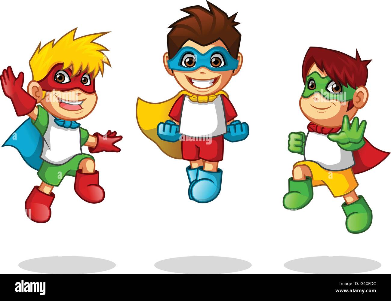 Kind-Superhelden mit springen, fliegen Pose-Cartoon-Charakter-Vektor ...