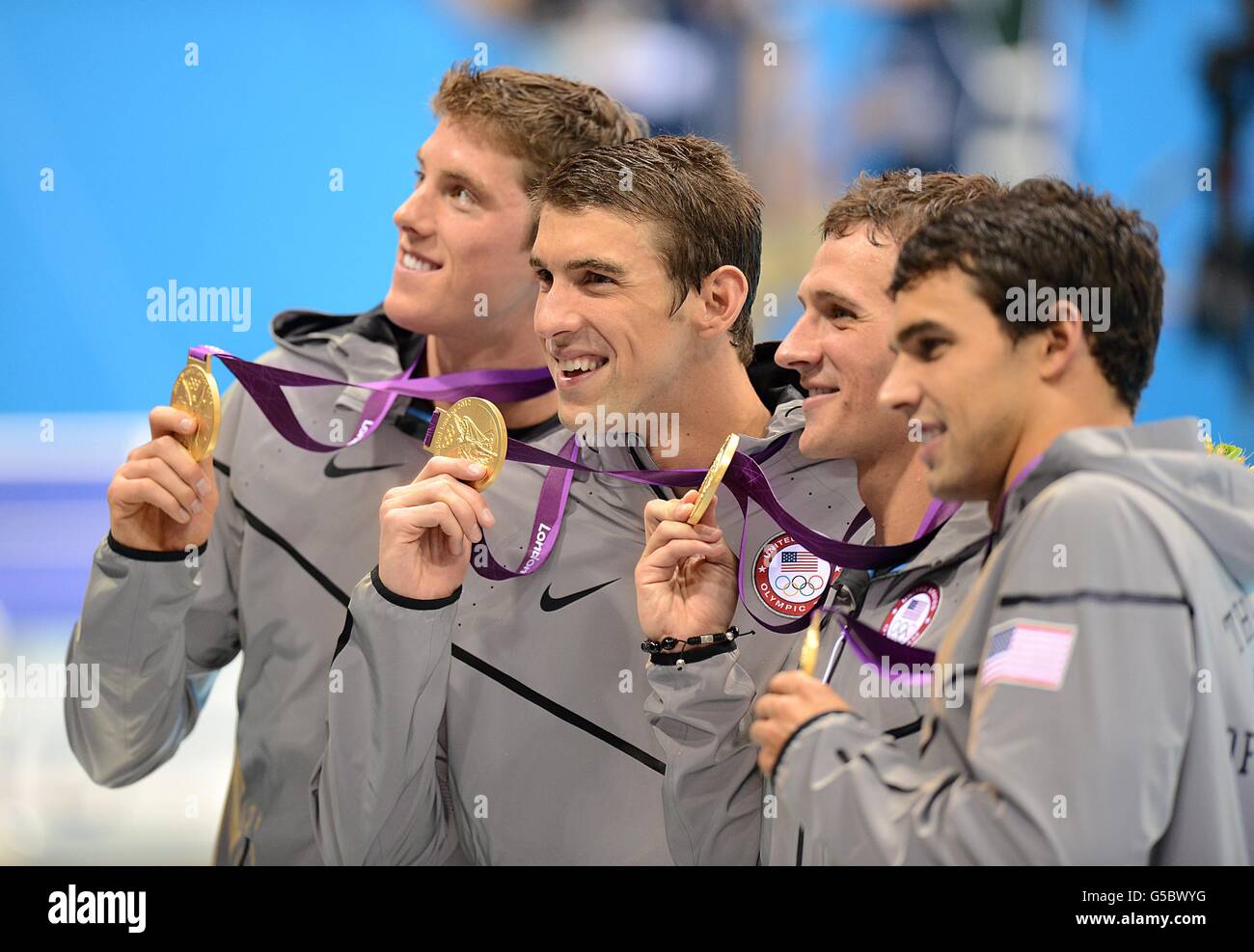 Die Goldmedaillengewinner USA (von links nach rechts) Conor Dwyer ...