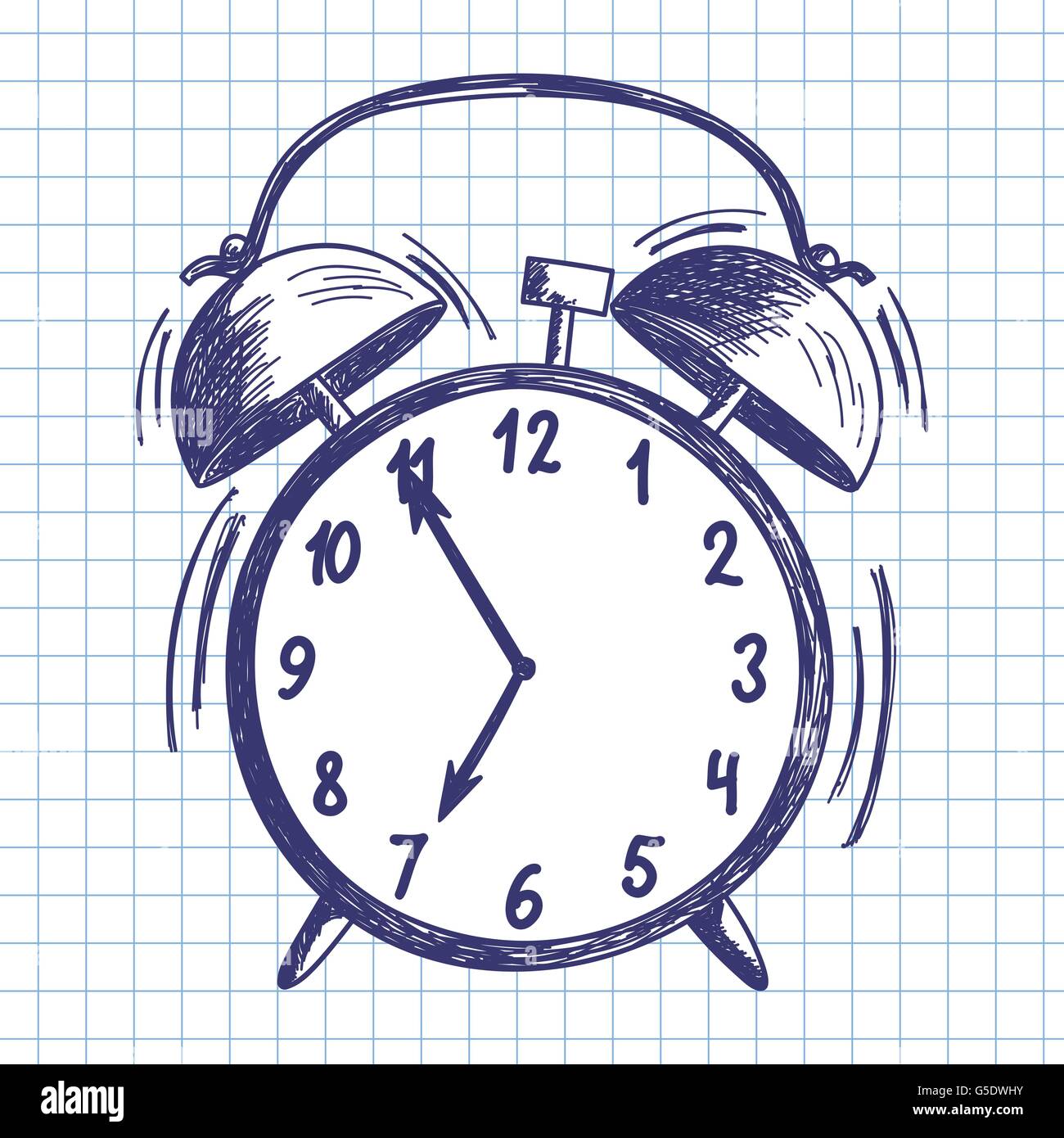 Wecker. Doodle-Skizze auf kariertes Papierhintergrund. Vektor ...