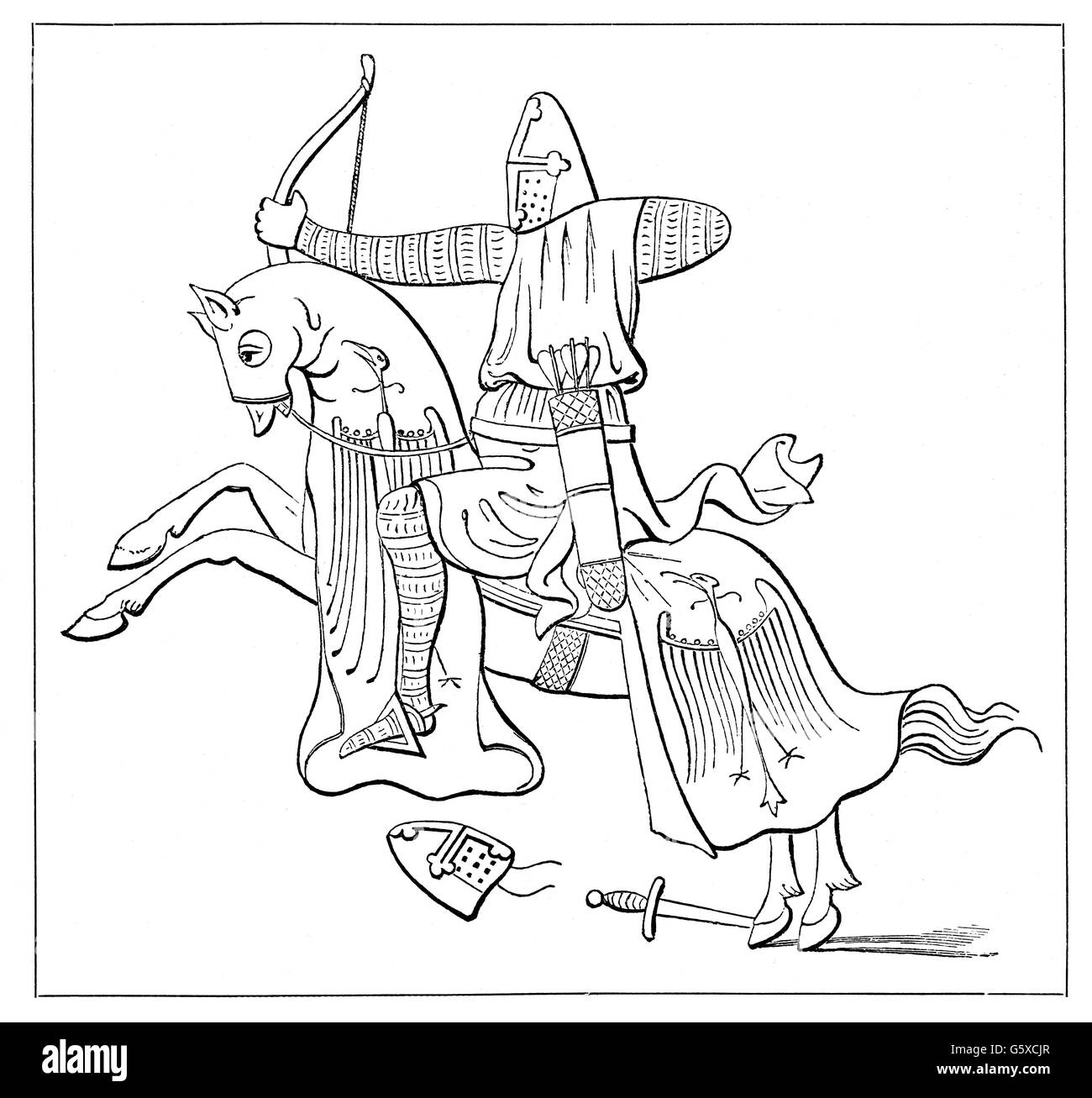 Mittelalter, Ritter, Ritter auf Pferd mit Pfeil und Bogen, englische Miniatur, 13./14 ...