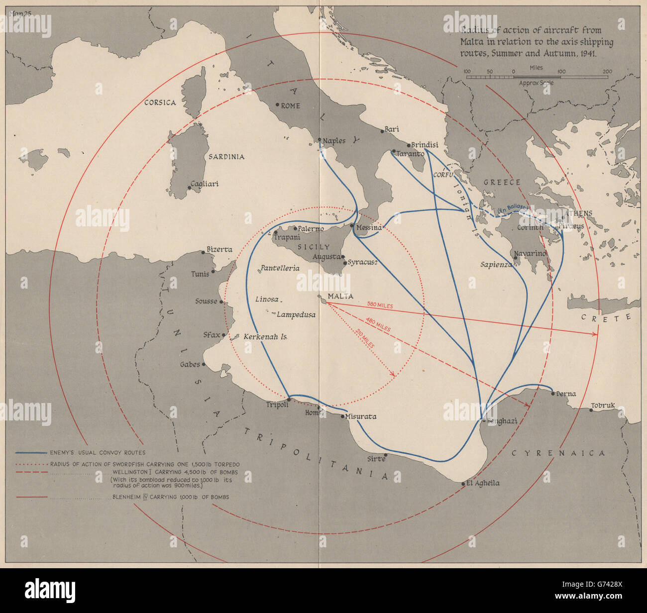 WW2 MALTA 1941. Reichweite von Flugzeugen aus Malta. Achse ...