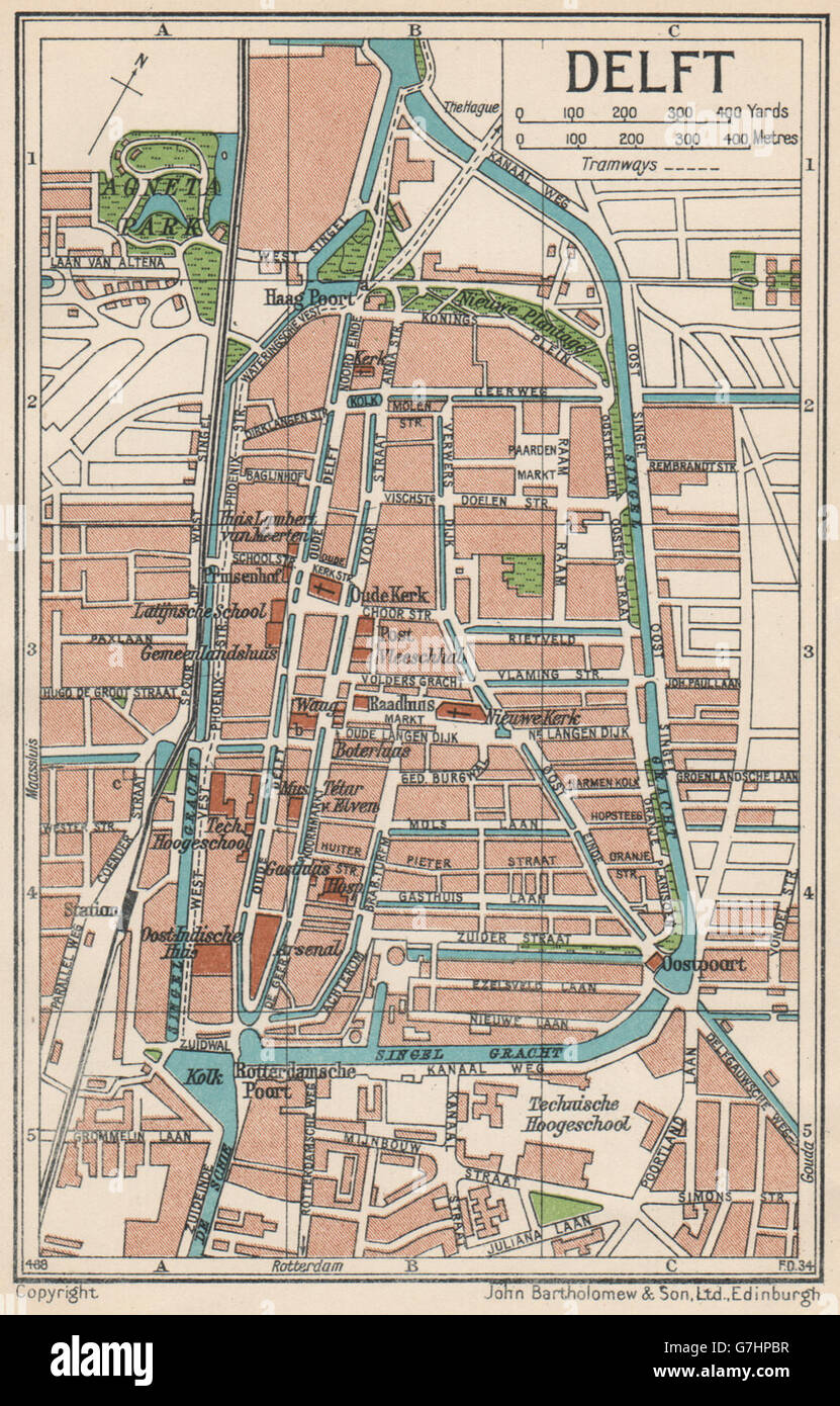 DELFT. Karte Stadtplan Vintage Stadt. Niederlande, 1933 Stockfotografie ...
