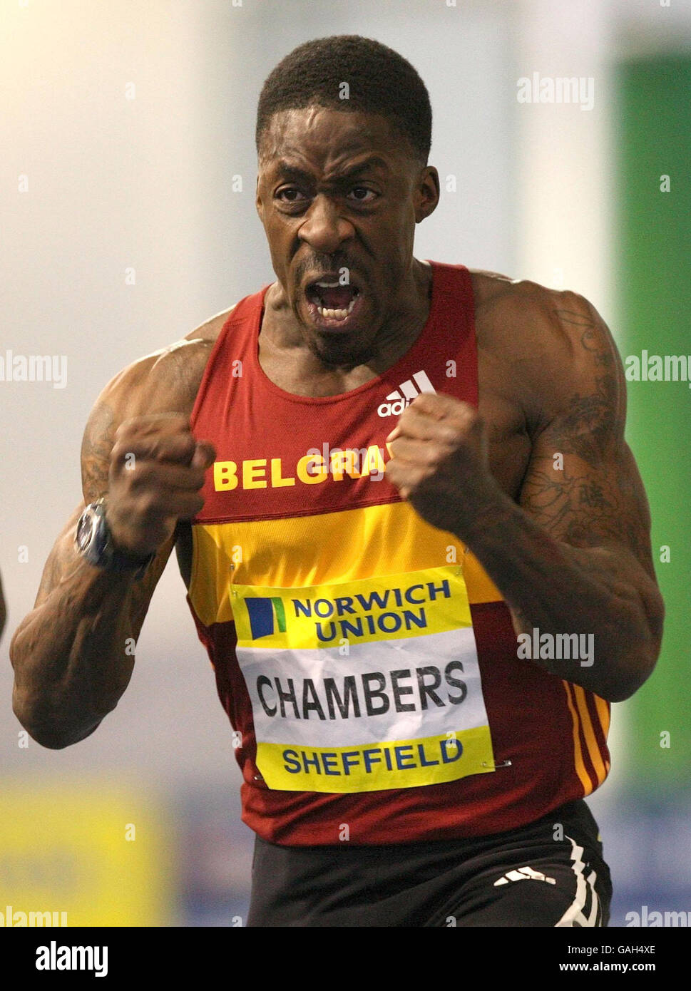 Dwain Chambers feiert seinen Sieg im 60m-Finale während der Norwich ...