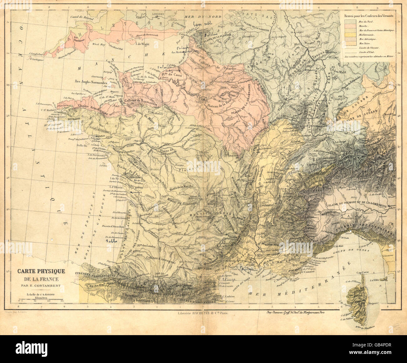 Frankreich: Carte Physique De La France, 1880 Antike Landkarte ...