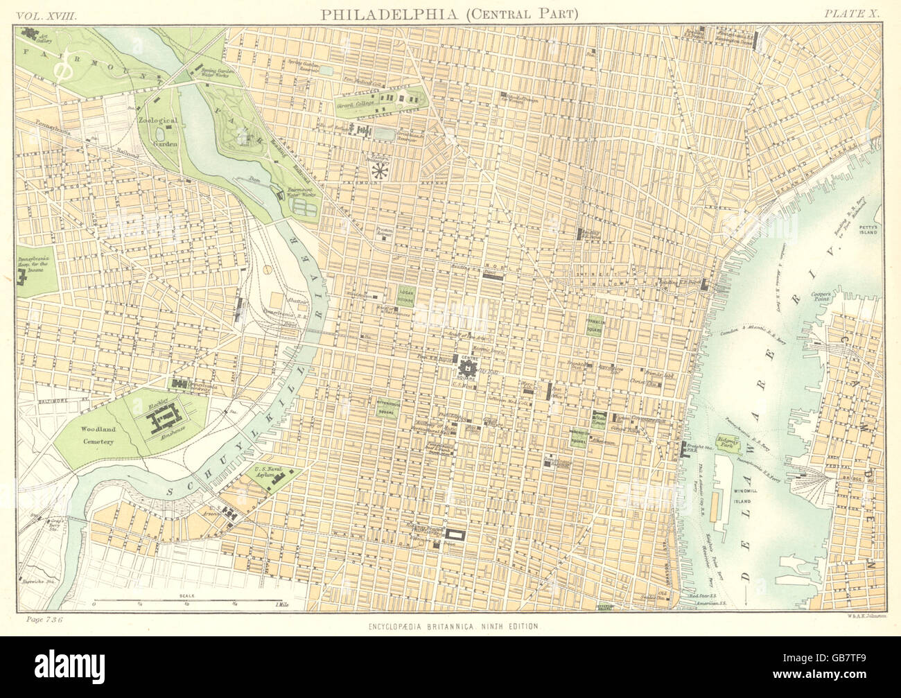 PHILADELPHIA: Karte Stadtplan. Zentralen Teil. Pennsylvania. Britannica ...