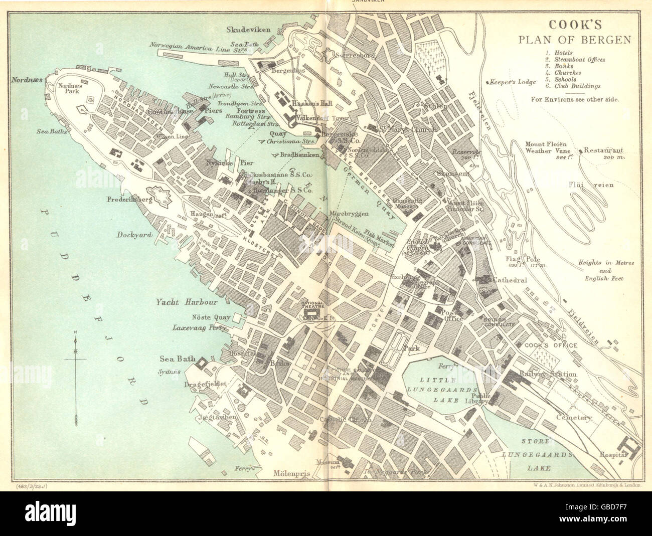 Norwegen: Thomas Cook-Stadtplan von Bergen, 1923 Vintage Karte ...