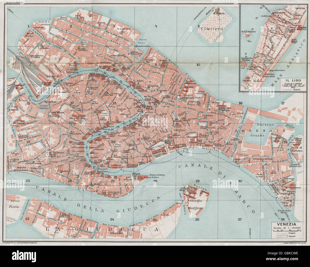 VENEZIA. Karte Stadtplan Vintage Stadt. Inset Lido. Venedig, 1924 ...