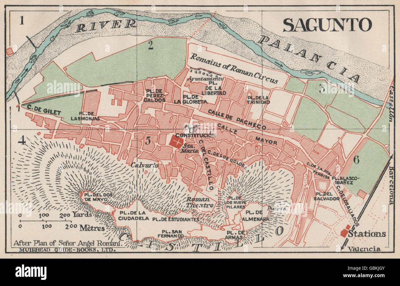 SAGUNTO. Karte Stadtplan Vintage Stadt. Spanien, 1930 Stockfotografie ...