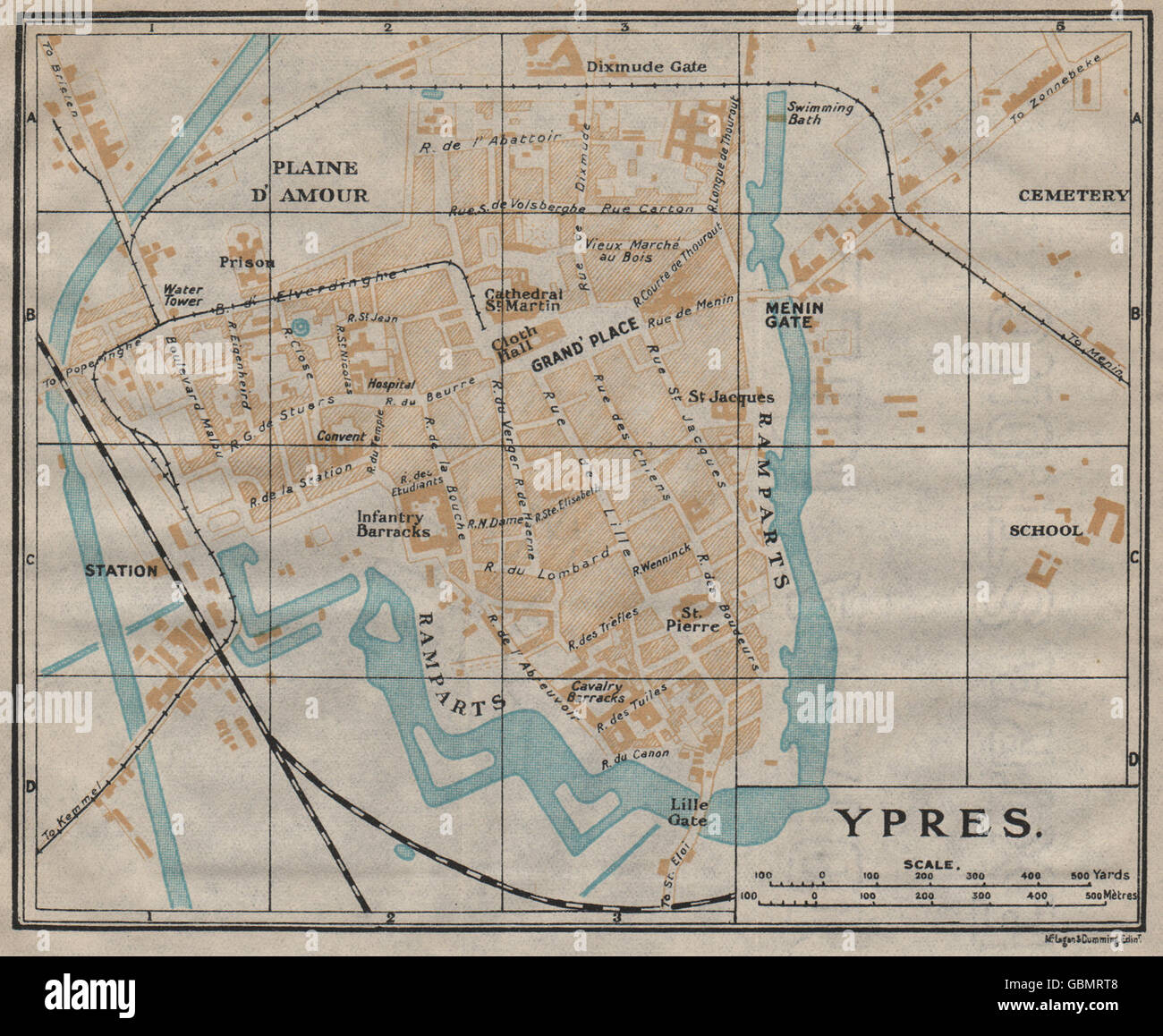 YPERN. Karte Stadtplan Vintage Stadt. Belgien, 1920 Stockfotografie - Alamy