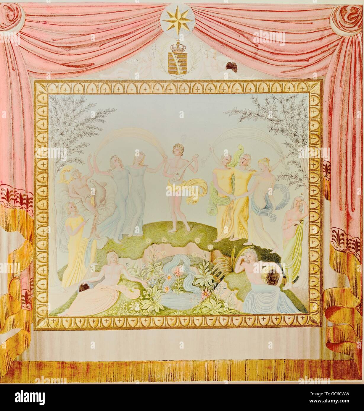 Theater, Apollo und die Musen auf dem Parnassus, oben: Wappen des ...