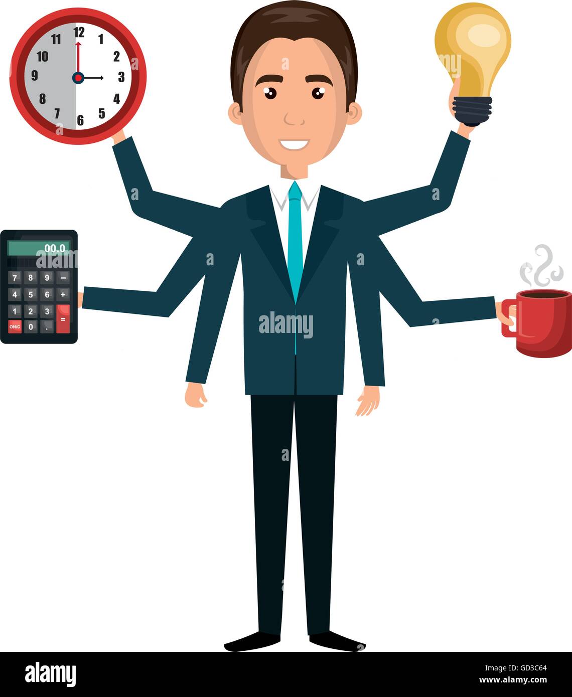 Multitasking-Person-Cartoon mit Icons, Vektor-Illustration Stock ...