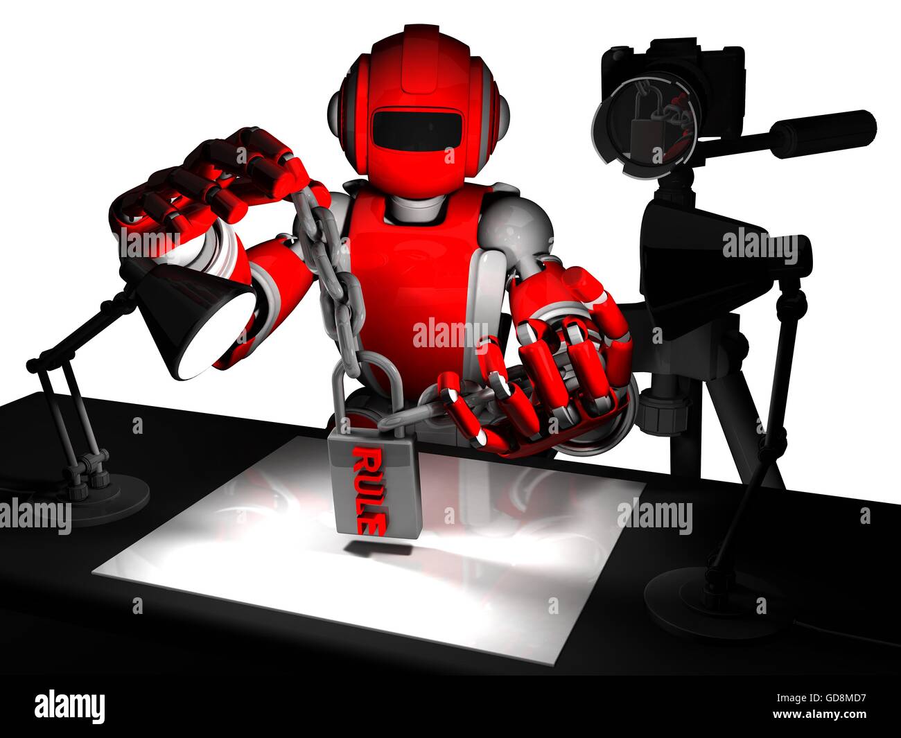 3D-Fotograf Roboter, rote Farbe, Illustration der Regel der Fotografie ...