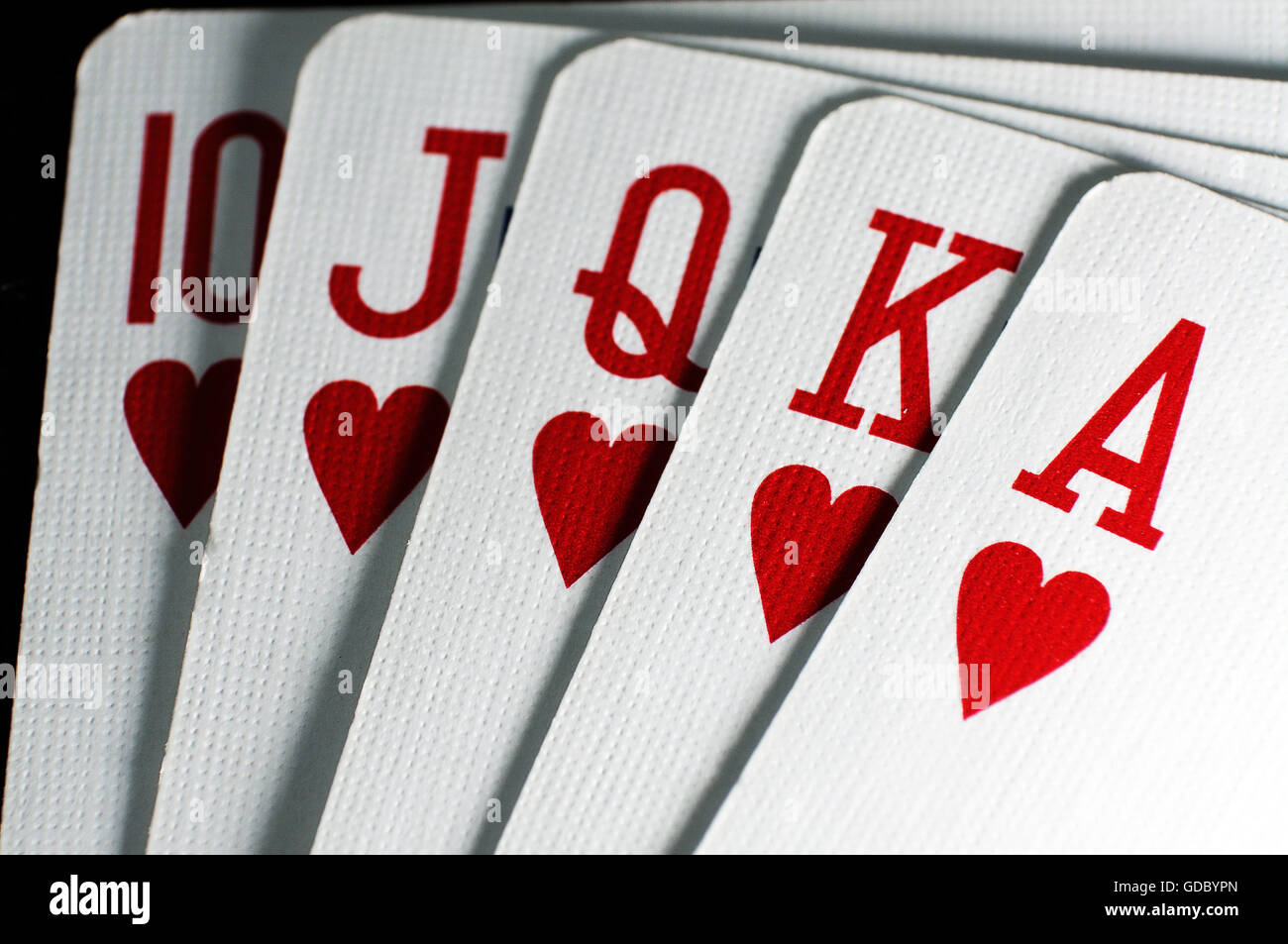 Poker-Karten - Royal Flush auf Herz, Nahaufnahme Stockfotografie - Alamy