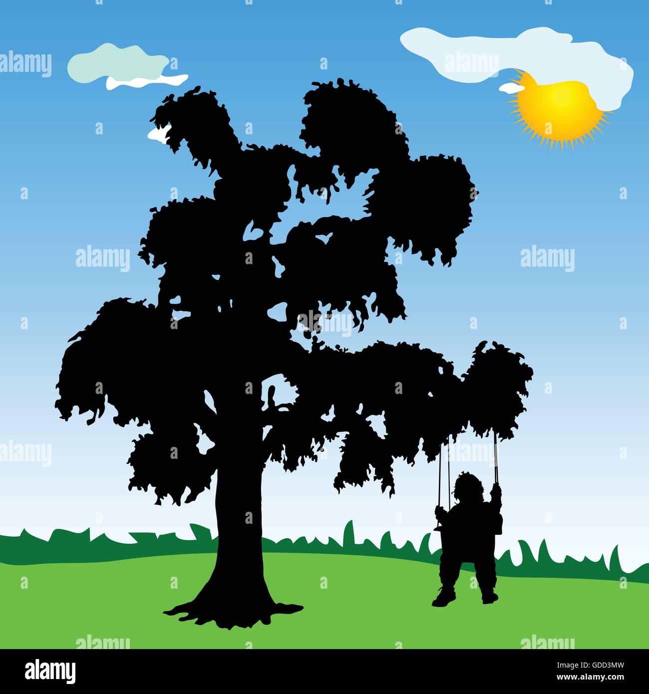 Baby auf einer Schaukel mit Baum Silhouette und Sonne Stock ...