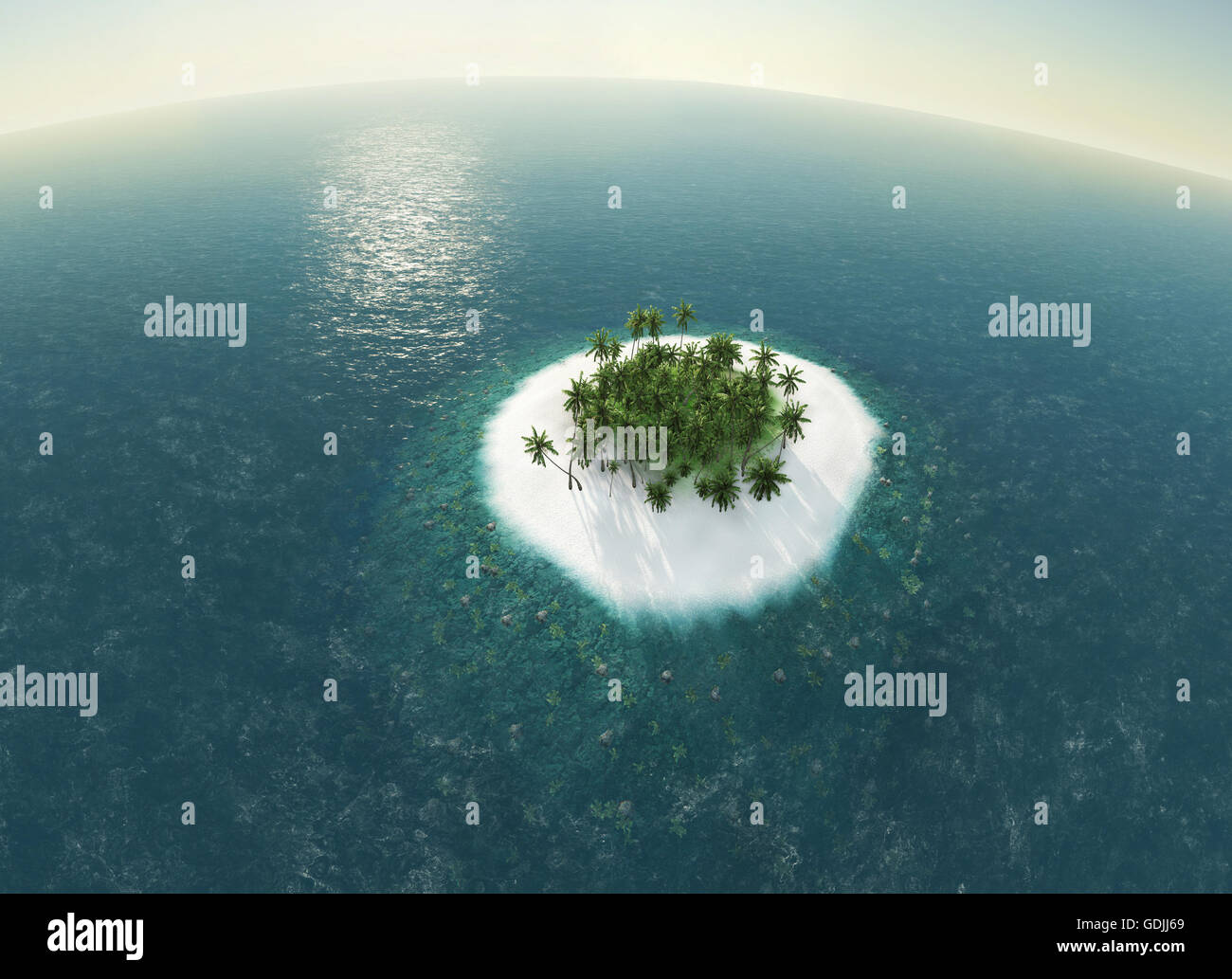 Meer, tropische Insel, Palmen, Sonne 3D illustration Stockfotografie ...