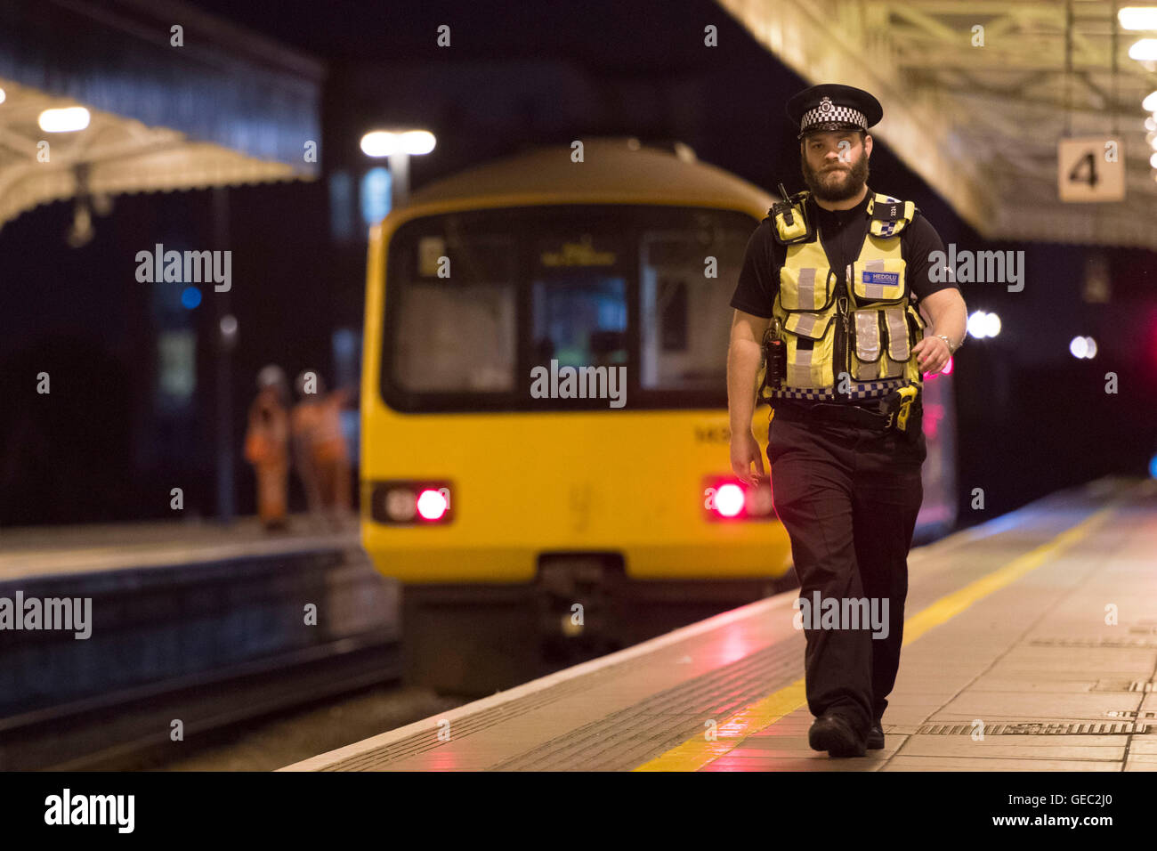 British Transport Police (BTP) Offizier auf Patrouille in Cardiff ...
