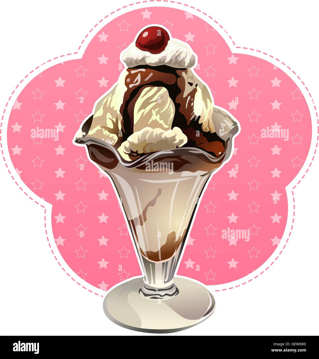 Vanille-Eis-Vektor. Kirschrot ist auf Eis, Schokoladen-Sirup, Glastasse ...