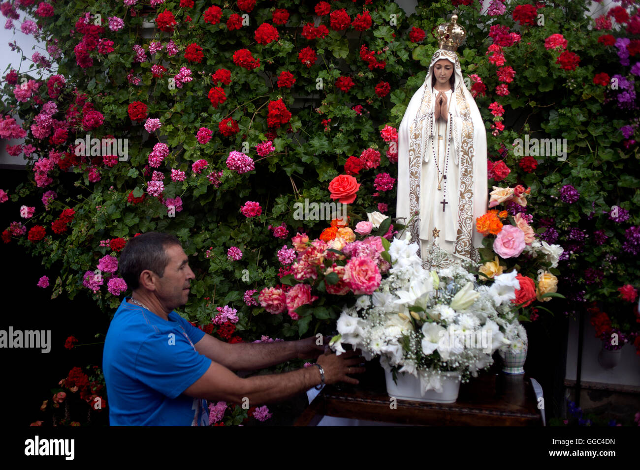 Ein Mann schmückt mit Blumen ein Bild der Muttergottes von Fatima ...