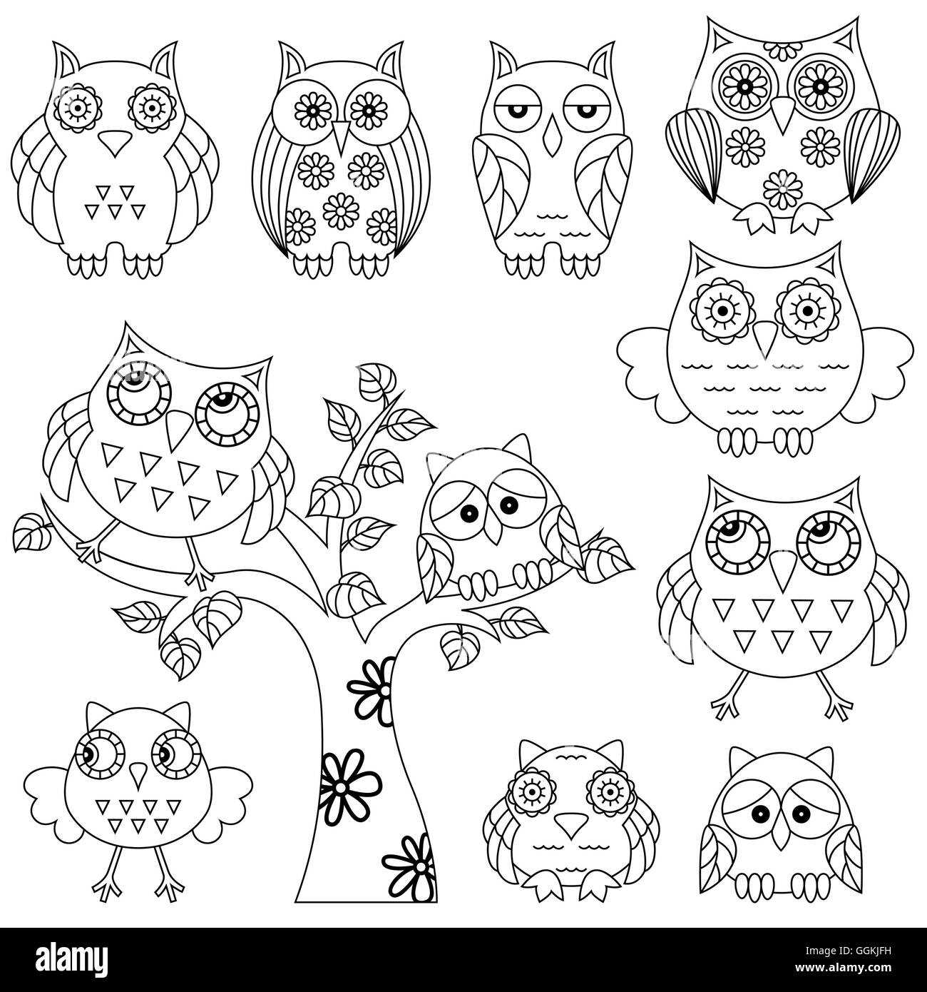 Reihe von verschiedenen dekorativen Eule und Eulen auf die Baum-Umrisse ...