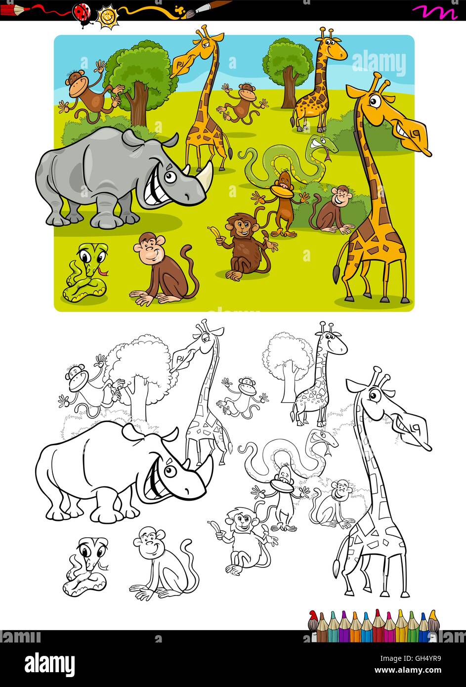 Cartoon Illustration von Wild Safari Tiere Zeichen Malbuch Stock ...